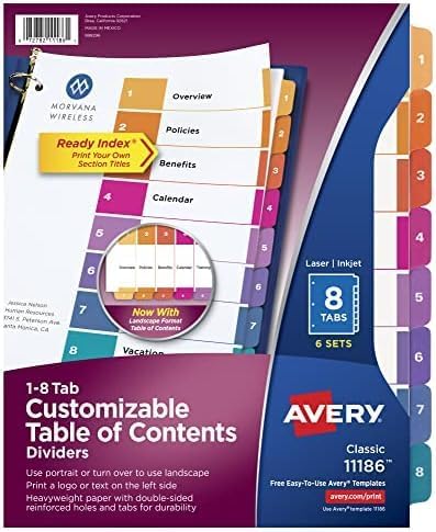 Amazon.com: Avery 8 Tab Dividers for 3 Ring Binders, Customizable Table ...