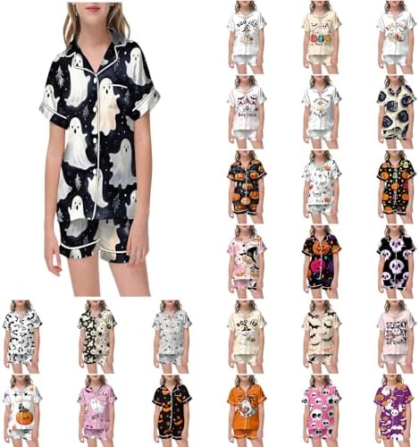 Girls Spooky Ghost Satin 𝙋𝙖𝙟𝙖mas Set,Halloween BOO CREW Silk Button ...