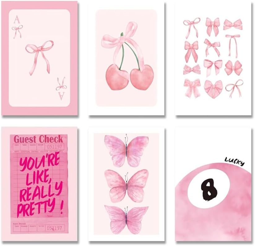 Amazon.com: Pink Set of 6 Coquette Trendy Preppy Wall Art Canvas Prints ...
