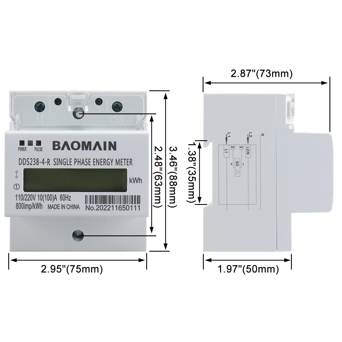 Baomain DDS238-4-R DIN Rail Single-Phase Three-Wire Kilowatt Hour kwh ...