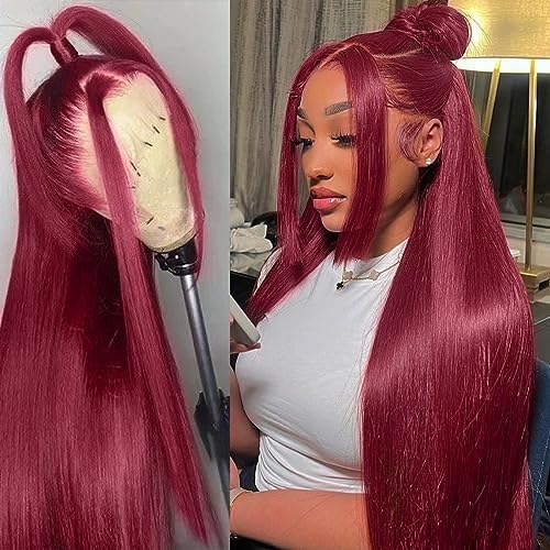 Amazon.com : ANDRIA Burgundy Straight Lace Front Wigs 13x6 Glueless ...