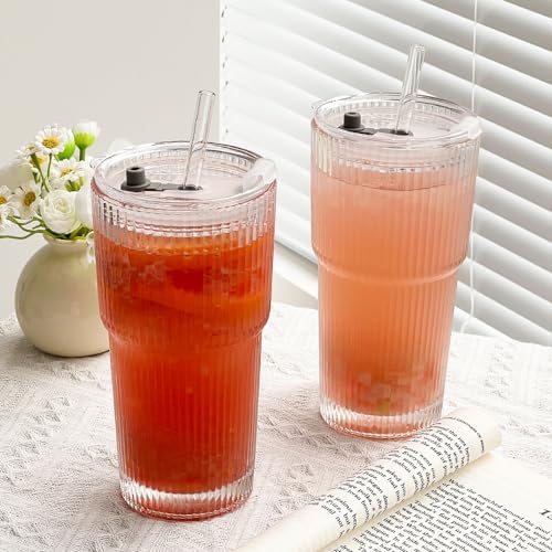 Amazon.com: 20 OZ Glass Cups With Lids and Glass Straws High ...