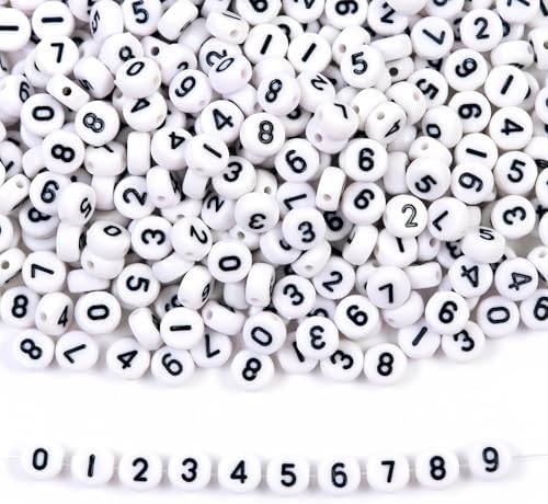 500Pcs White Number Beads, Number 0-9 Acrylic Flat Round Beads 4x7mm ...