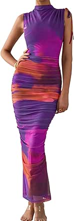 Amazon.com: PRETTYGARDEN Women's Summer Maxi Floral Dresses Ruched Bodycon Sleeveless Mesh ...