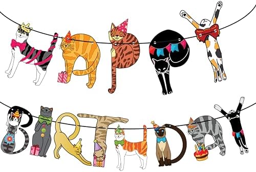 Amazon.com: Happy Birthday Cat Banner Garland – Cute Kitten Birthday ...