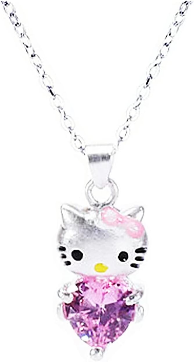 UUONLY Hello Kitty Necklace, Heart-shaped Pink Cat Pendant, Silver ...