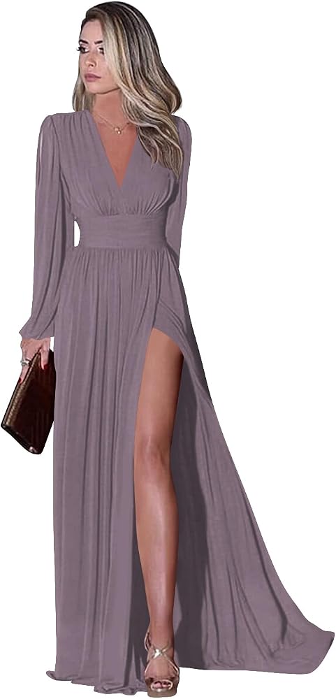 Miao Duo Women's Long Sleeve Prom Dress with Pockets V Neck Split ...