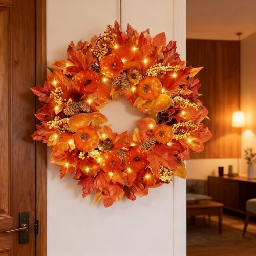 45CM Artificial Autumn Wreath with LED Light and Hanger, Fall Wreath ...
