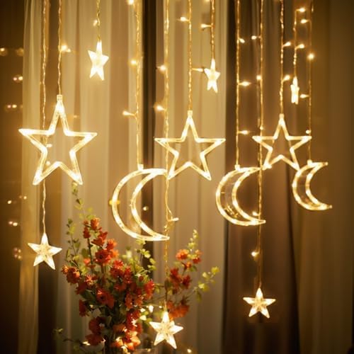 Deyaah 3.5m Star Moon Curtain String Light, LED Christmas Fairy Lights ...