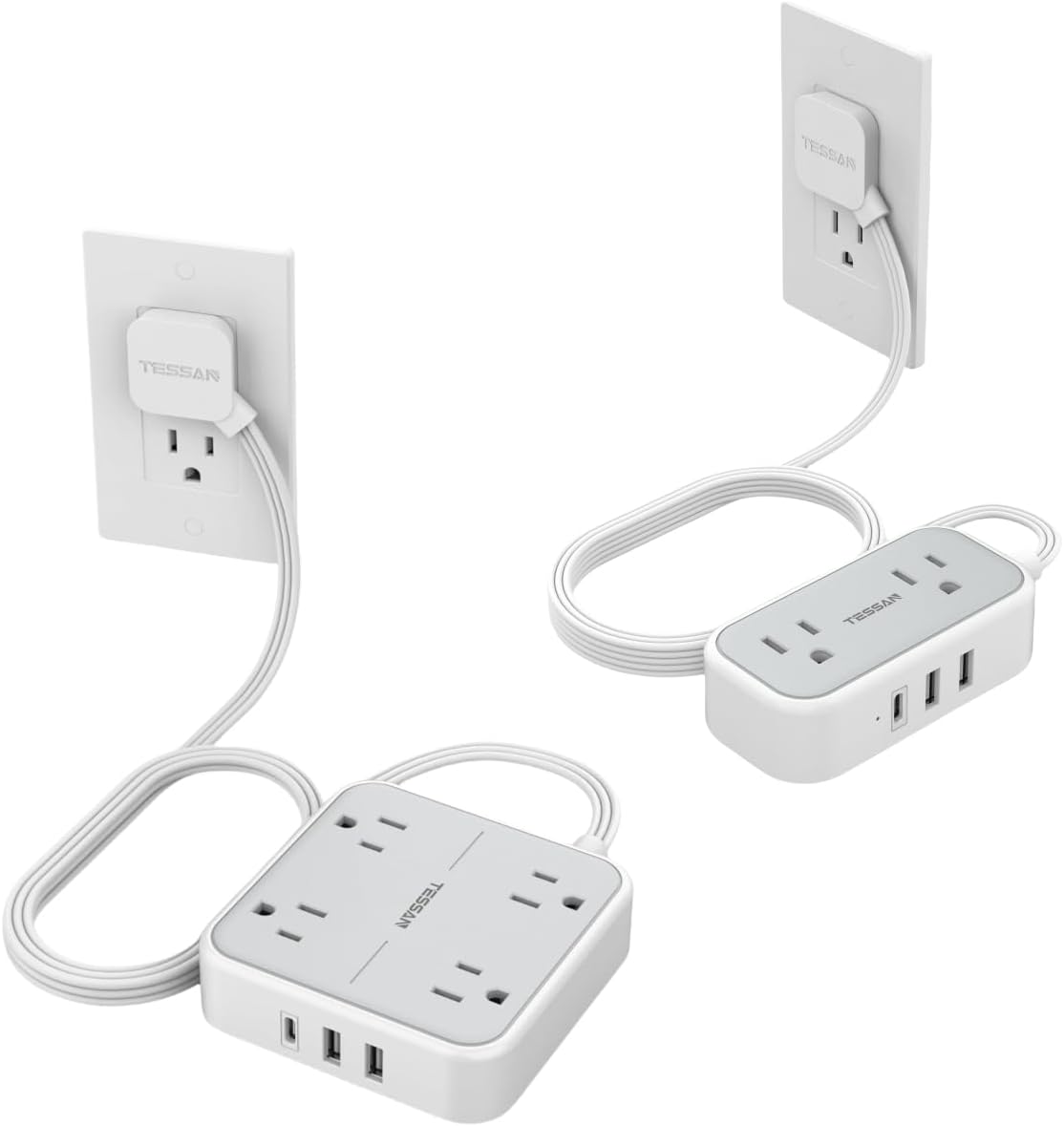 Amazon.com: Flat Plug Power Strip Bundle, TESSAN 5 ft Ultra Thin ...
