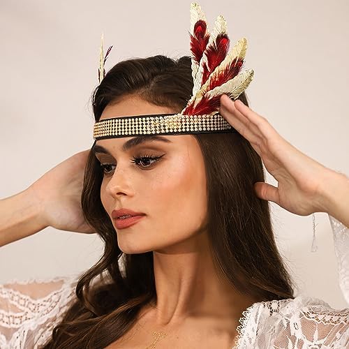 Amazon.com: Campsis Indian Boho Feather Headband Gold Rhinestones ...