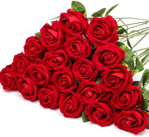 Mocoosy 12PCS Red Artificial Rose Flowers, Silk Roses Single Stem ...