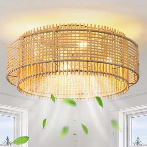 Rattan Boho Ceiling Fans Lights: 19.3'' Low Profile Layered Ceiling ...