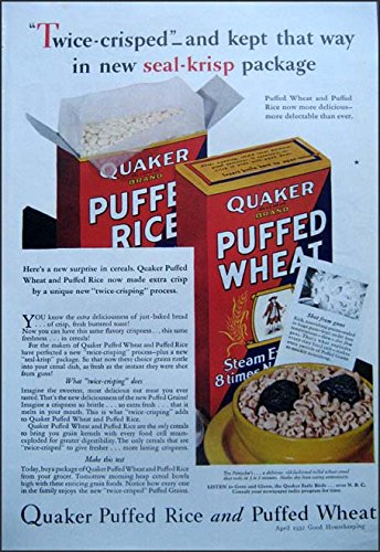 1932 Original Color Quaker Puffed Wheat AD: The Quaker Oats Company ...