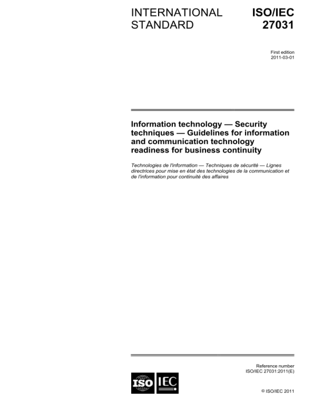ISO/IEC 27031:2011, First Edition: Information technology - Security ...