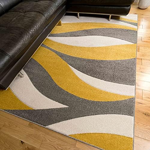 Hand Carved Ochre Mustard Yellow Gold Geometric Rugs Curvy Waves Design ...