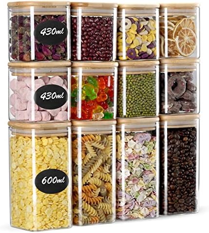 Ovshnrr Set di 12 Barattoli di Cucina in Vetro con Coperchio in Bambù, 430ml/600ml Barattoli in ...