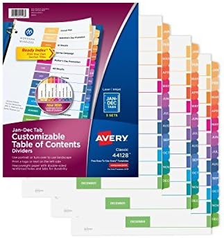 Avery Jan-Dec 12 Tab Dividers for 3 Ring Binders, Customizable Table of ...