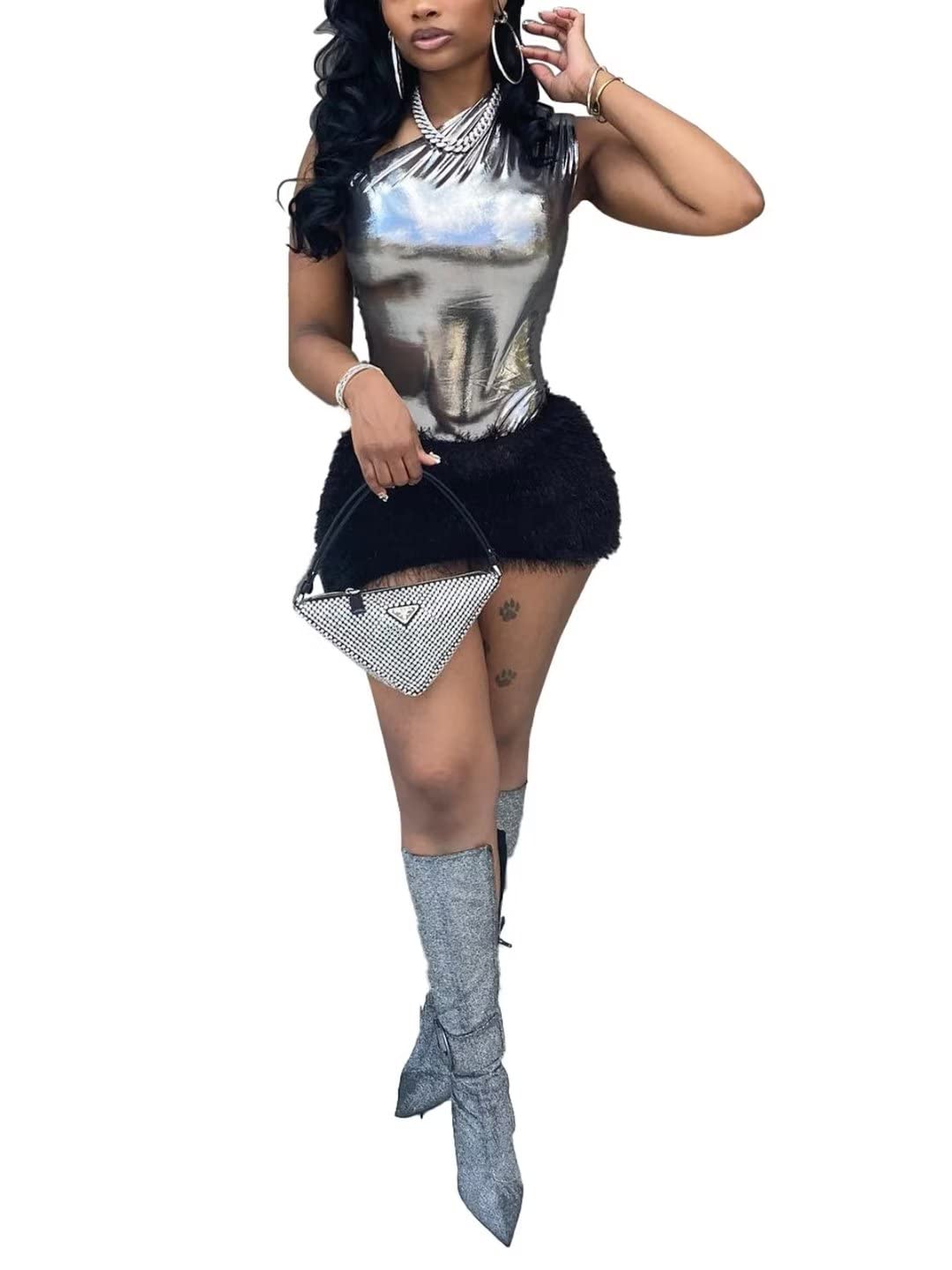 Women's Sexy One Shoulder Sleeveless Metallic Shiny Dresses Fringe ...