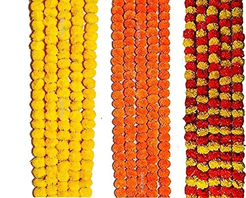 Buy Sakshi Genda Phool Yellow Dark Orange Artificial Marigold Fluffy ...