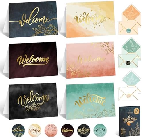 24 Gold-Foiled Welcome Cards with Envelopes & Stickers - 6 Designs ...