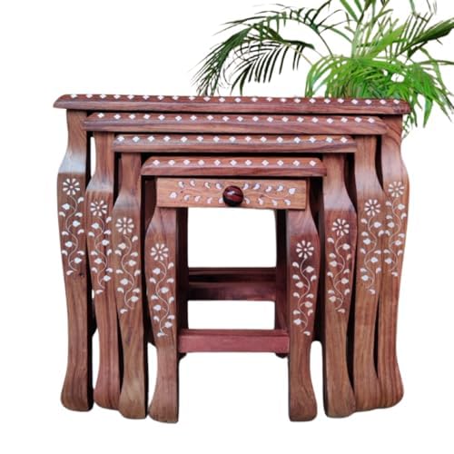 Amazon.com: Wooden Stool/Table set with inlay work Brass Fitted Wooden ...