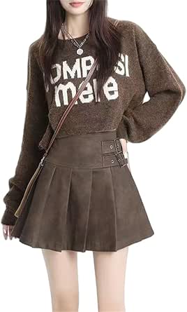 Amazon.co.jp: [EDREES] スカート プリーツスカートレザースカート 春 秋冬 レディース ショート丈 ハイウェスト Aライン ショートスカート 革スカート PUレザー ...