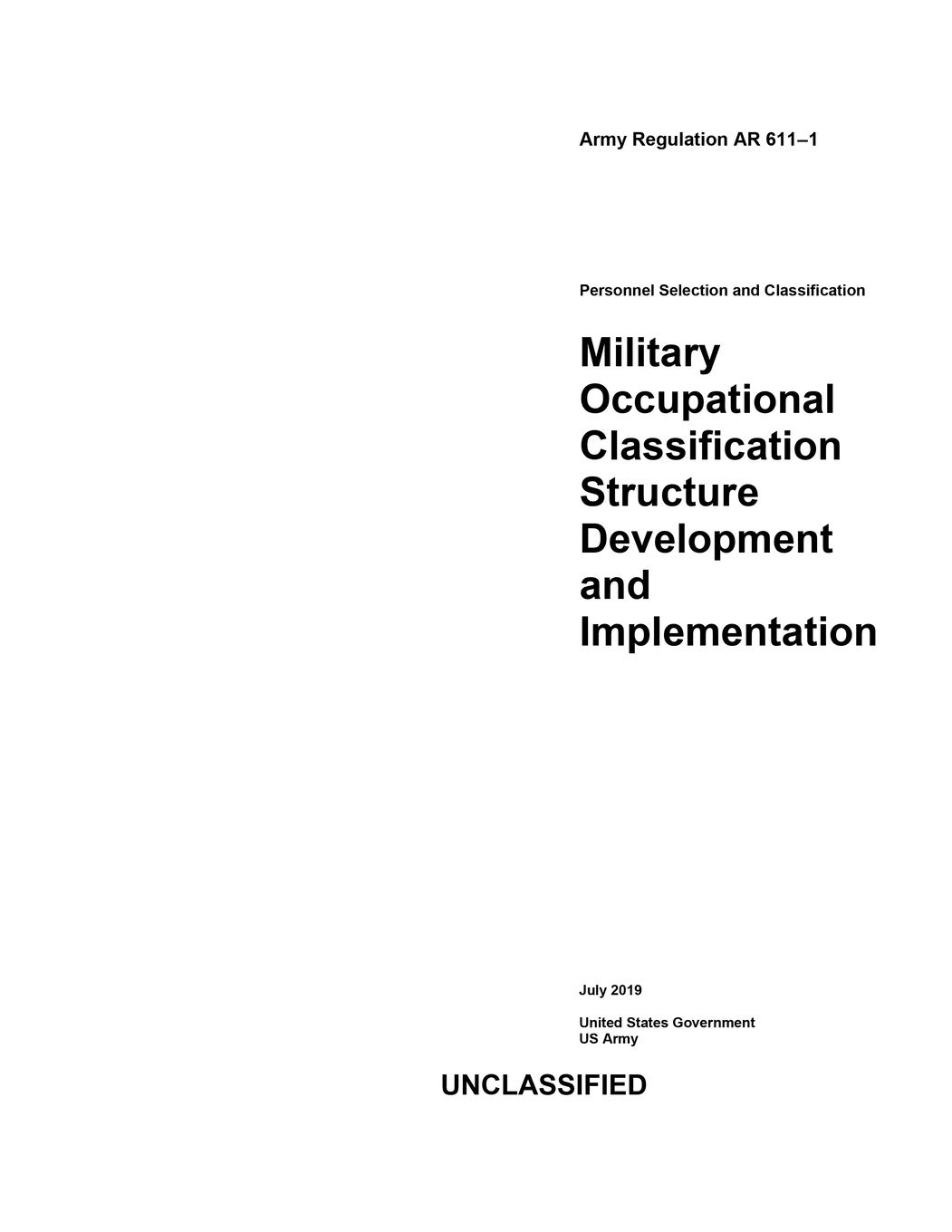 Army Regulation AR 611-1 Military Occupational Classification Structure ...
