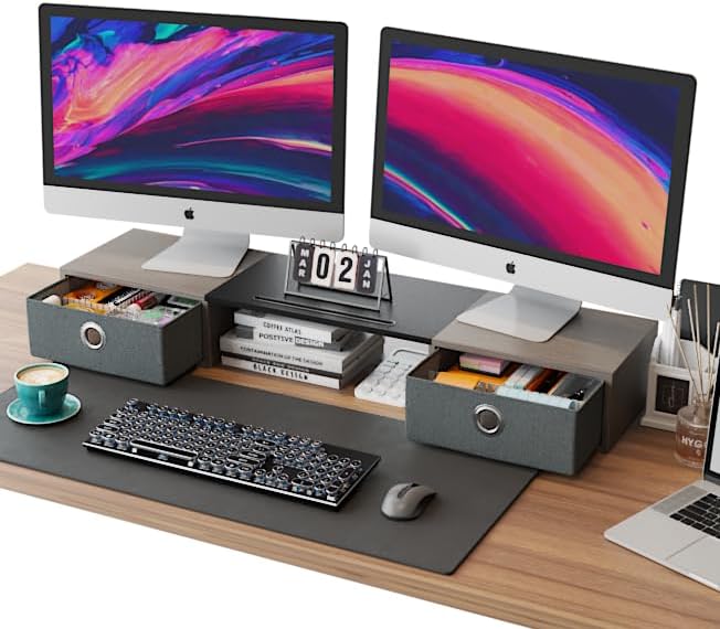 Amazon.com: YAOHUOO Dual Monitor Stand with 2 Drawers, Monitor Stands ...