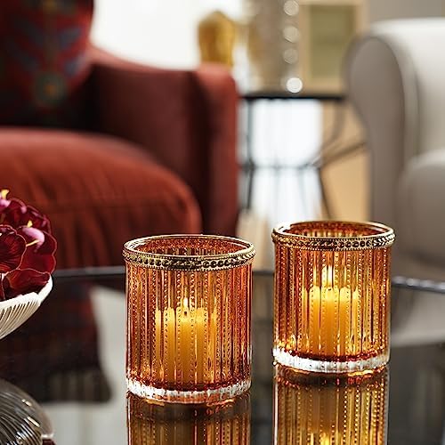 Pure Home + Living Set of 2 Brown Ribbed Glass T-Light Holders : Amazon ...