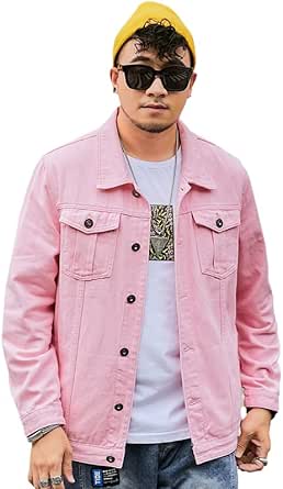 HAN HONG Spring Autumn Men's Pink Denim Jacket Casual Loose Cotton ...