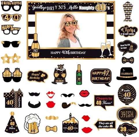 Auliuse 40th Birthday Photo Booth Props Frame, 37Pcs DIY Party Props ...