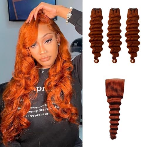 Amazon.com : Ginger Bundles with Closure Loose Deep Human Hair,10A ...