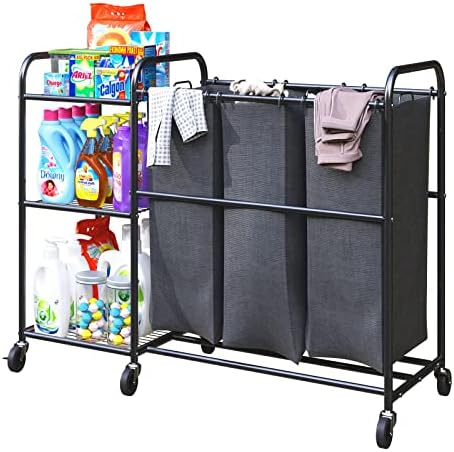 Wisdom Star 3 Bag Laundry Sorter Cart with Storage Shelf, Laundry ...