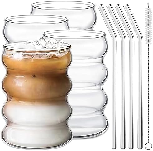 Amazon.com | Tebery 4 Pack Ribbed Aesthetic Glass Cups with Glass Straw ...