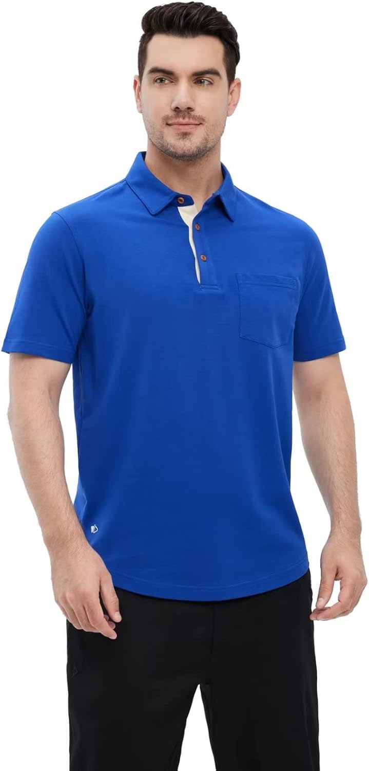 Mens Long and Short Sleeve Polo Shirts Pocket Casual Solid Cotton Blend ...