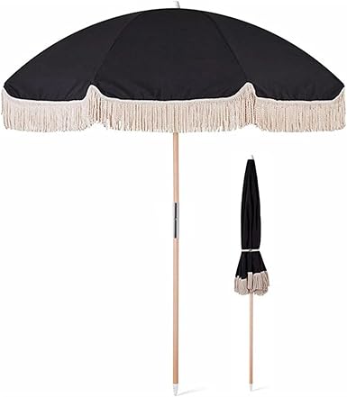 CNHRFGVD Beach Parasol with Fringe 200 cm, Black Gothic Holiday Parasol ...