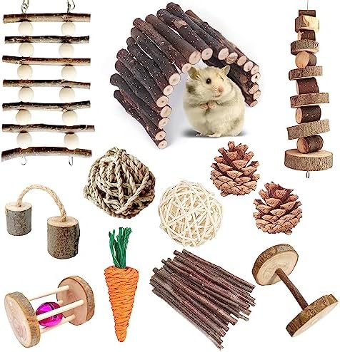 Rightwell Hamster Toys, 12PCS Small Animal Wooden Chew Toys Chinchilla ...