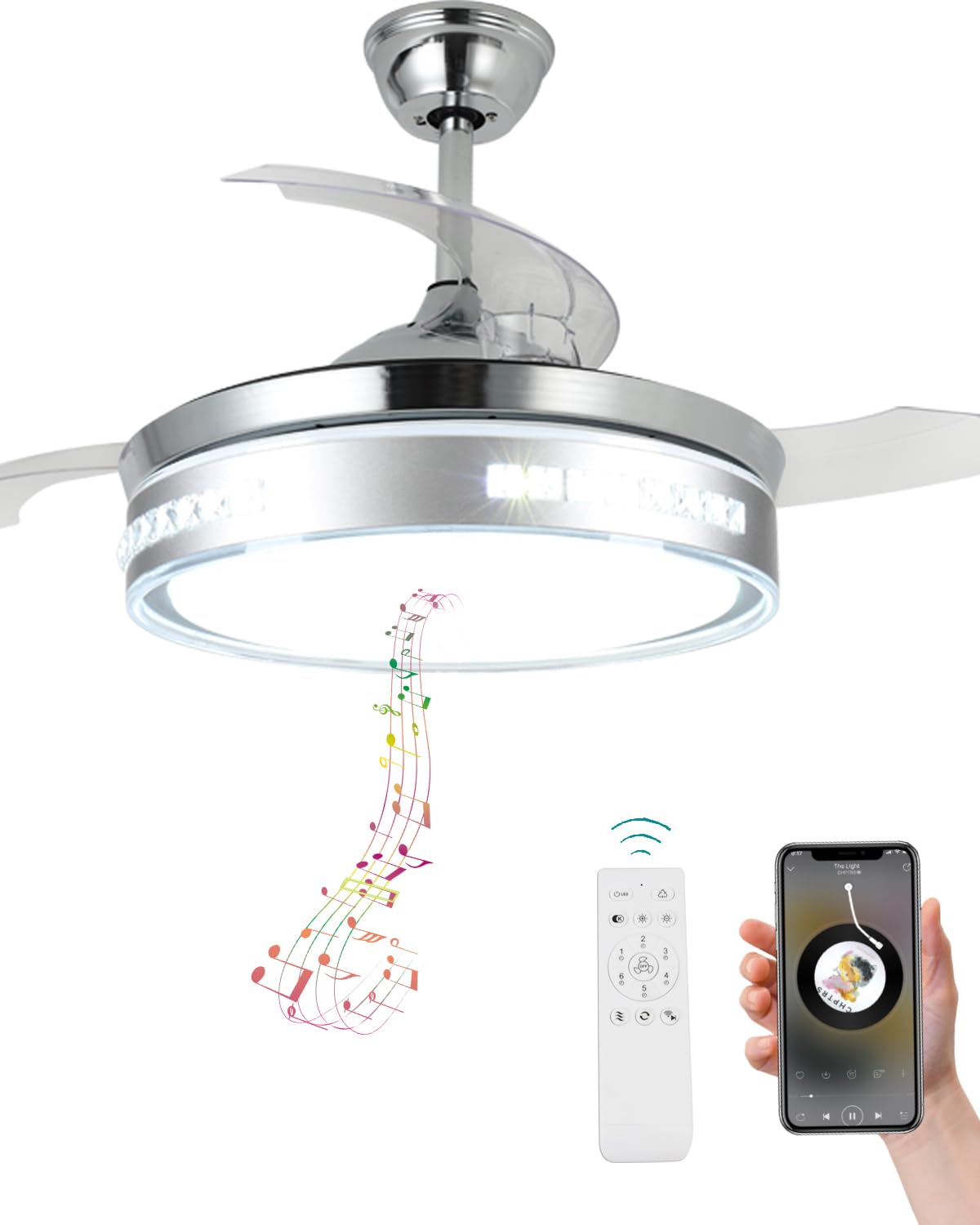 Retractable Bluetooth Ceiling Fan with Light and Speaker, LED Colour ...