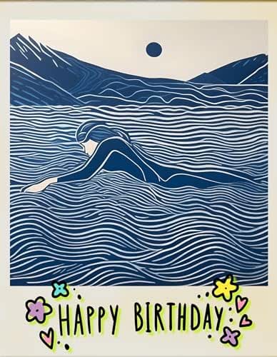 Lino Print Style Happy Birthday Wild Swimmer A5 Greeting Card : Amazon ...