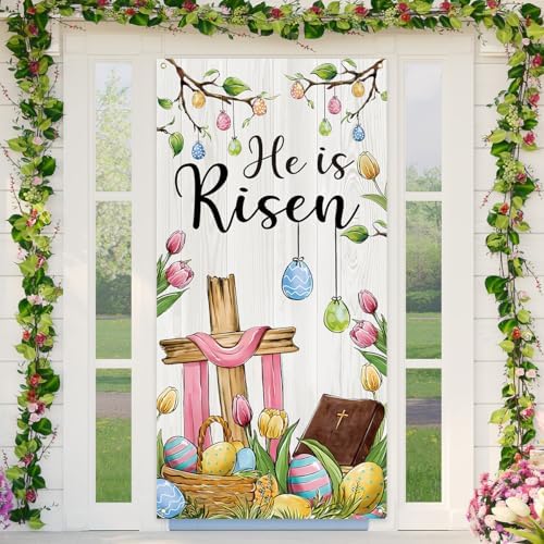 Amazon.com: Easter Decorations He Is Risen Door Cover Spring Bunny ...