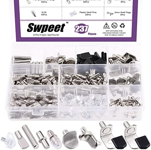 Swpeet 237Pcs 9 Styles Nickel Plated and Metal Shelf Pins Kit with ...