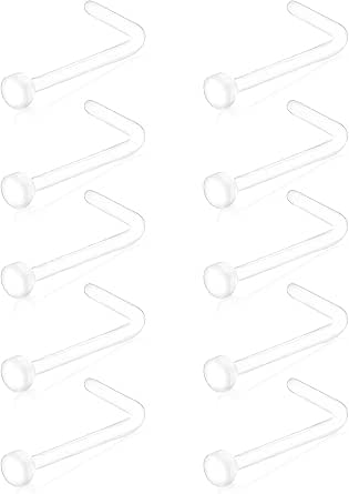 Ormromra 10 PCS Clear Nose Studs, L-Shaped Nose Bar Ring, 20G 0.8mm ...