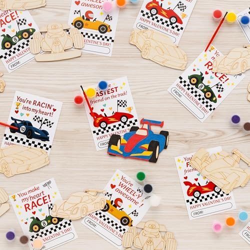 GEECOZYLIFE Valentine’s Day Gifts for Kids – 24 Pack DIY Race Car Wood ...