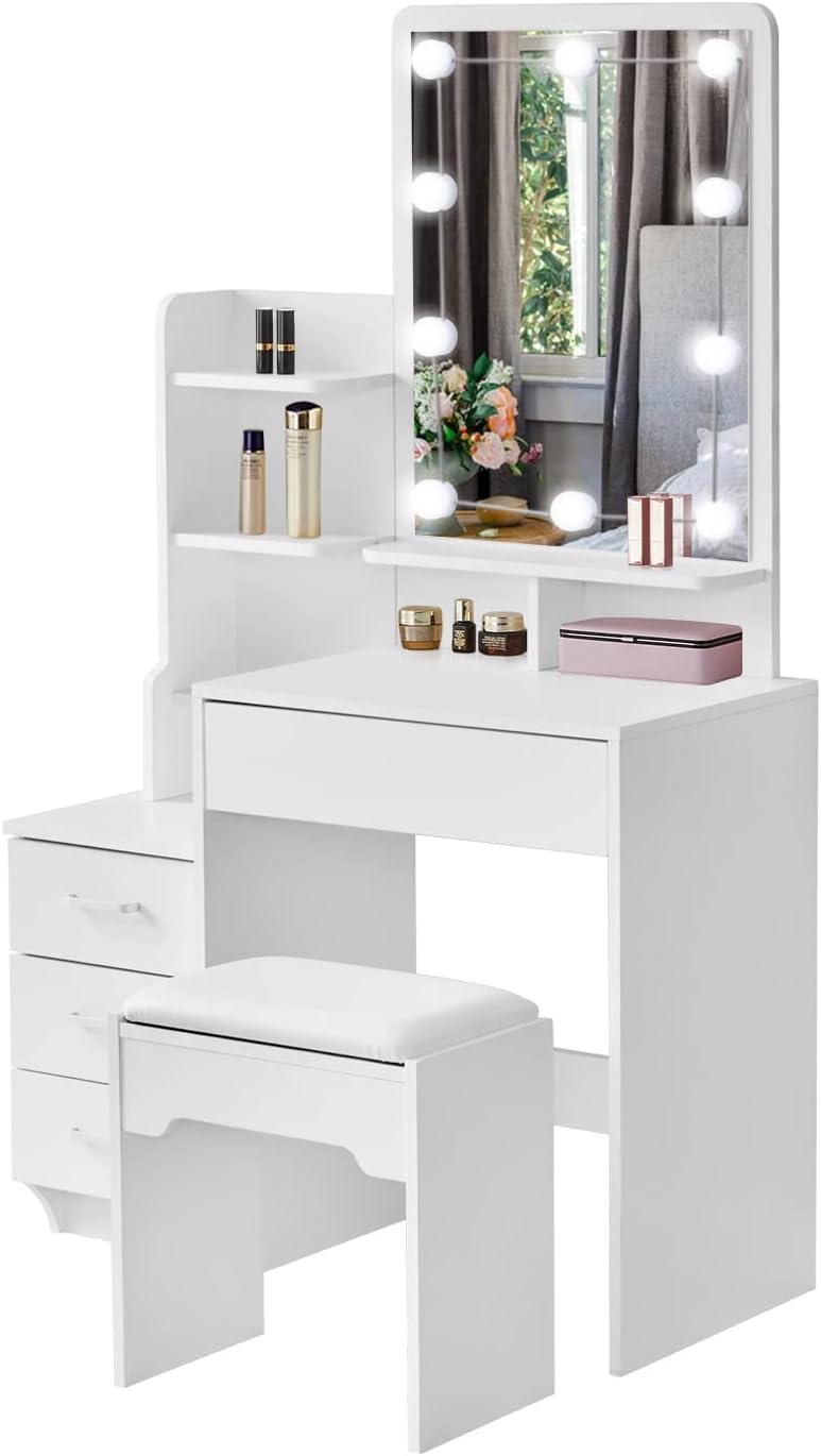 LEMROE Hollywood Dressing Table with LED Mirror and Stool Makeup Table ...
