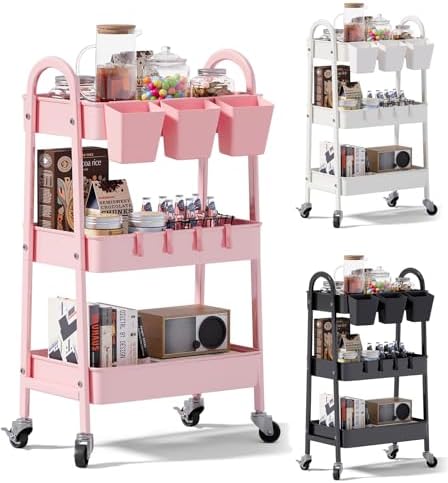 Amazon.com: Pink 3 Tier Rolling Cart, Metal Bathroom Utility Cart on ...