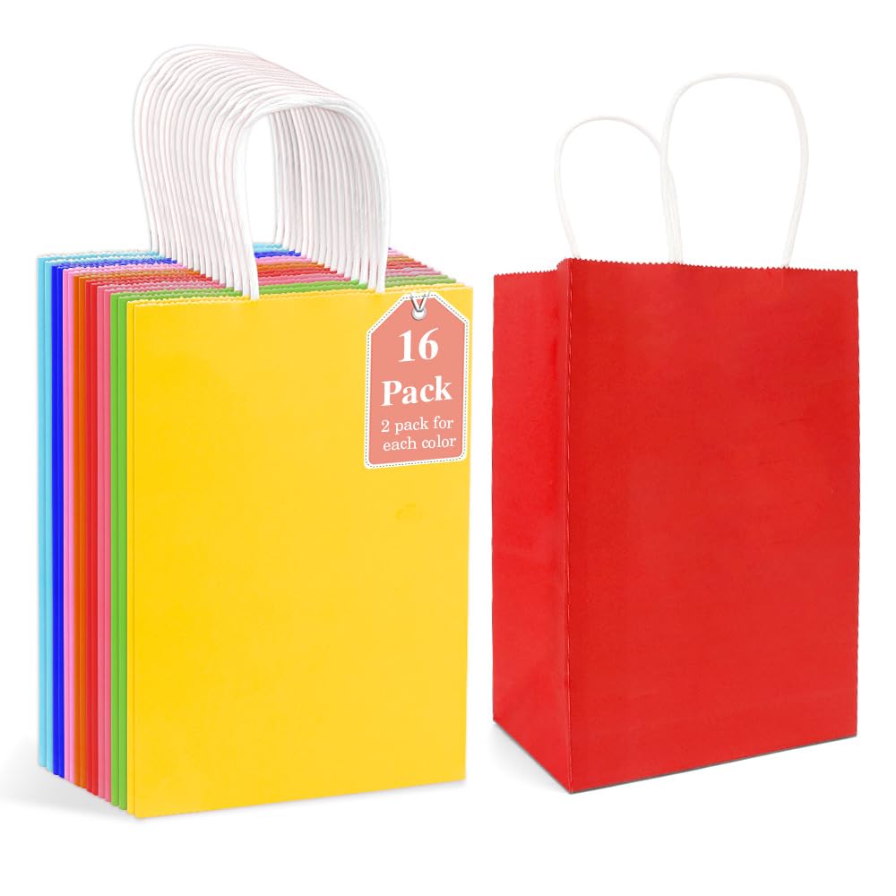 Amazon.com: Gift Bags 16 Pack Paper Bags 8 Colors Kraft Paper Gift Bags ...