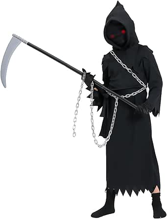 Grim Reaper Costume for Kids with Glowing Red Eyes Gloves Scythe Chain ...