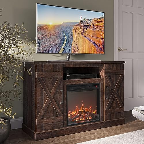 BELLEZE Industrial 47 Inch Rustic Electric Fireplace TV Stand & Media ...