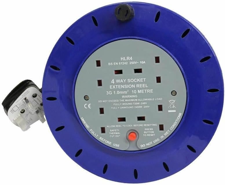 10m Extension Cable Reel 4 Way Socket for Indoor/Outdoor Use Electric ...